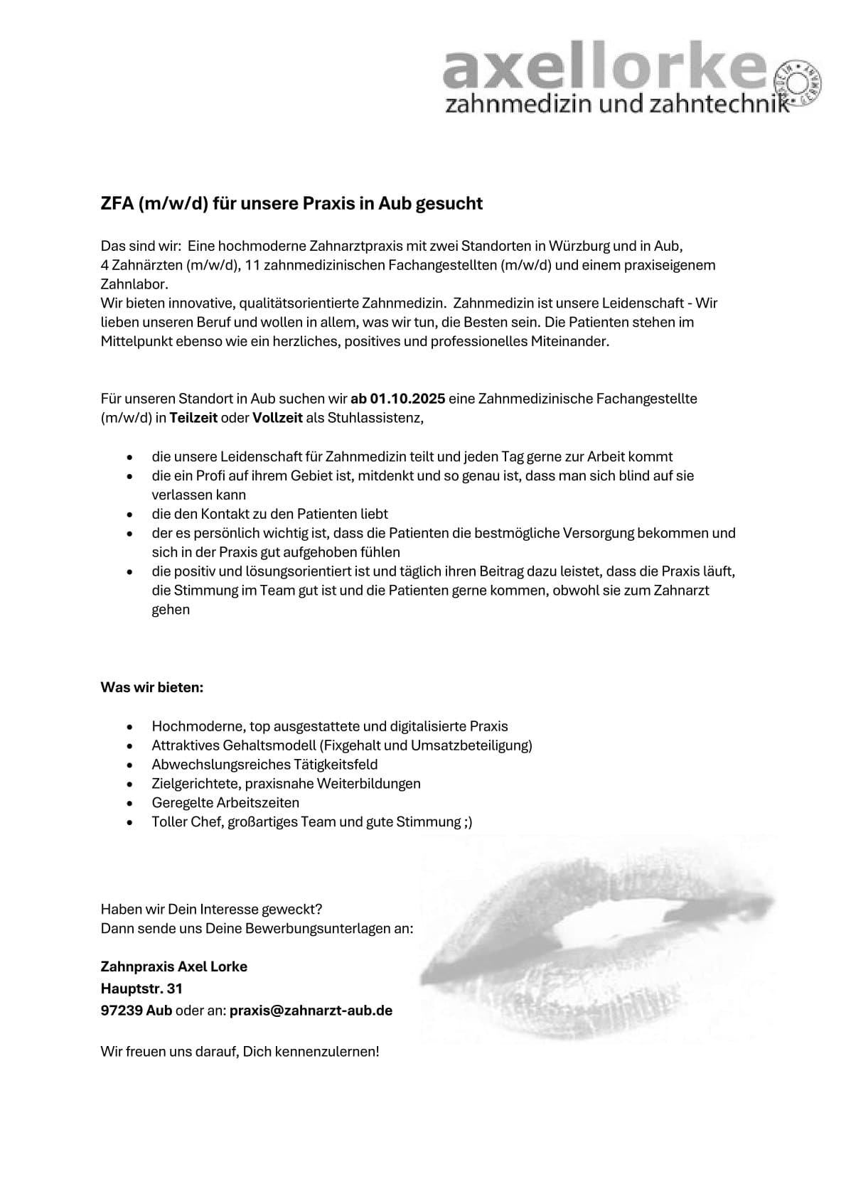 Zahnmedizinische Fachangestellte (m/w/d) Teil- oder Vollzeit - Stadt Aub